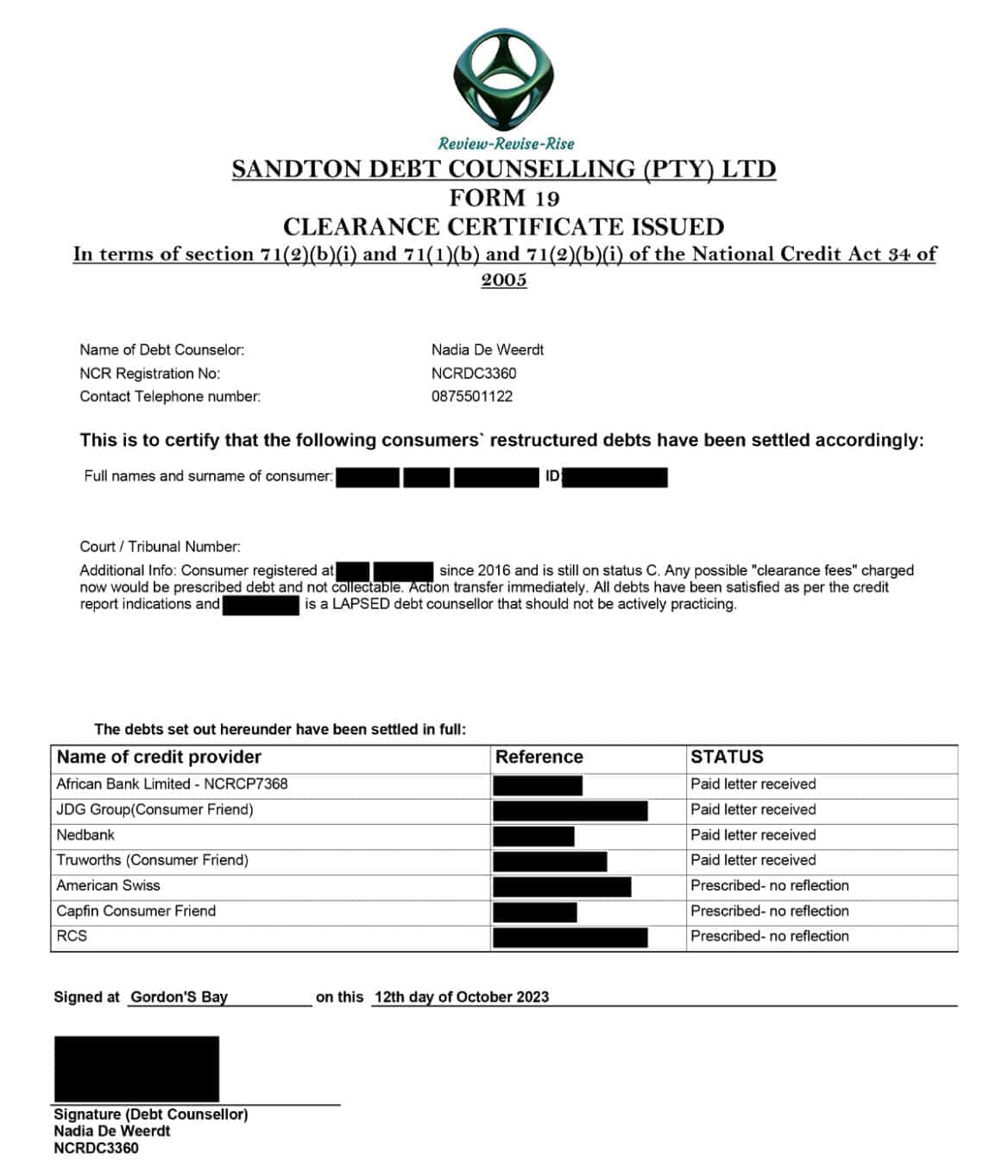 Debt Review Clearance Certificate - Debt Counselling - SDC